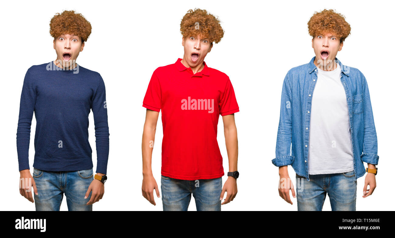 Collage of young man wearing different looks over isolated white ...