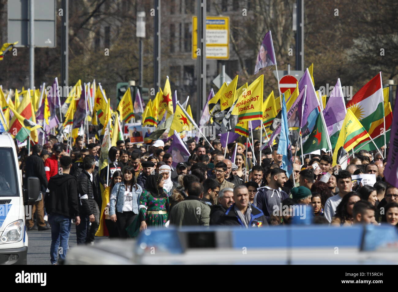 Frankfurt, Germany. 23rd March 2019. Protesters march with Kurdish ...