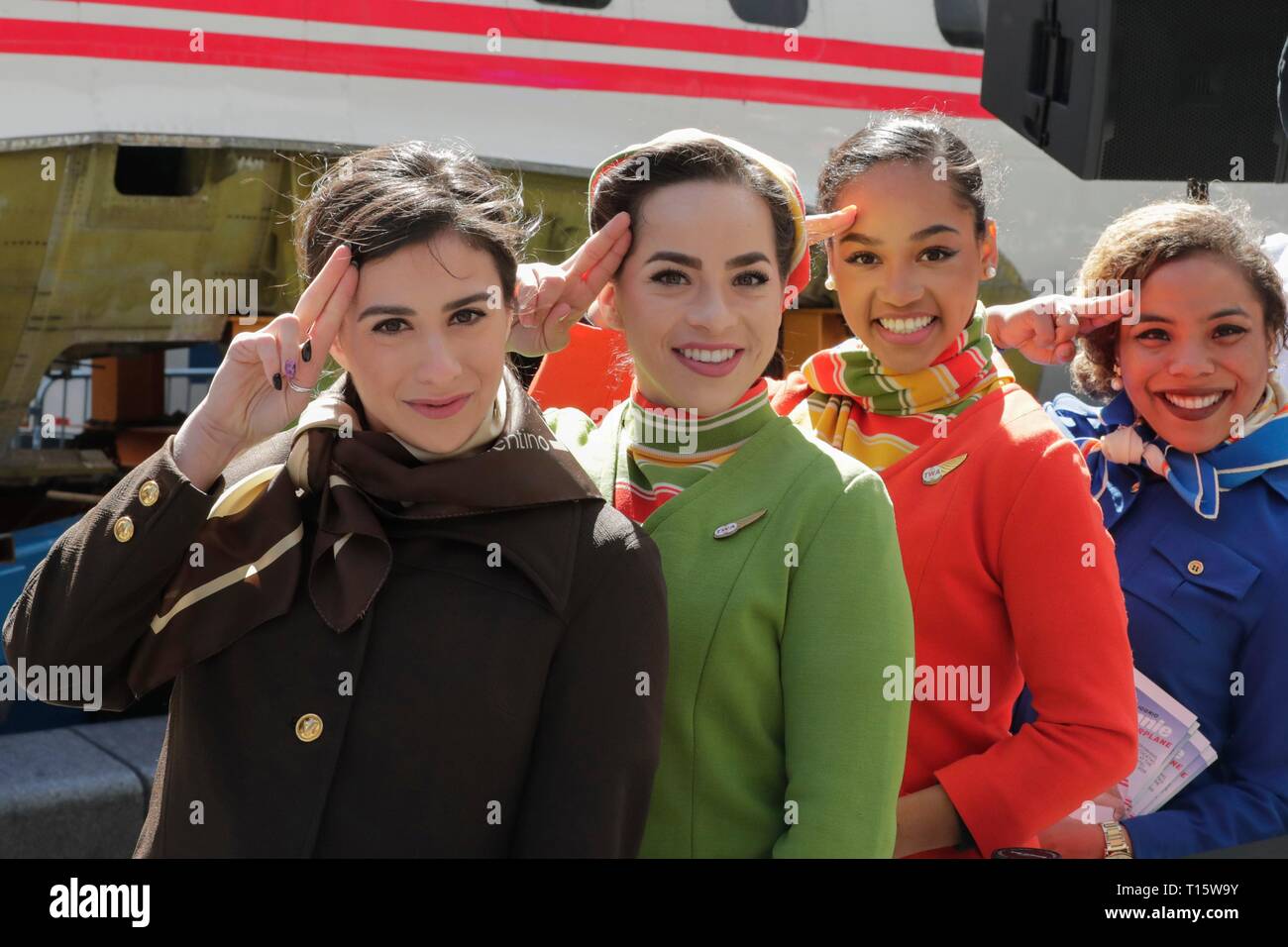 Times Square, New York, USA, March 23, 2019 - Actors dressed as pilots ...