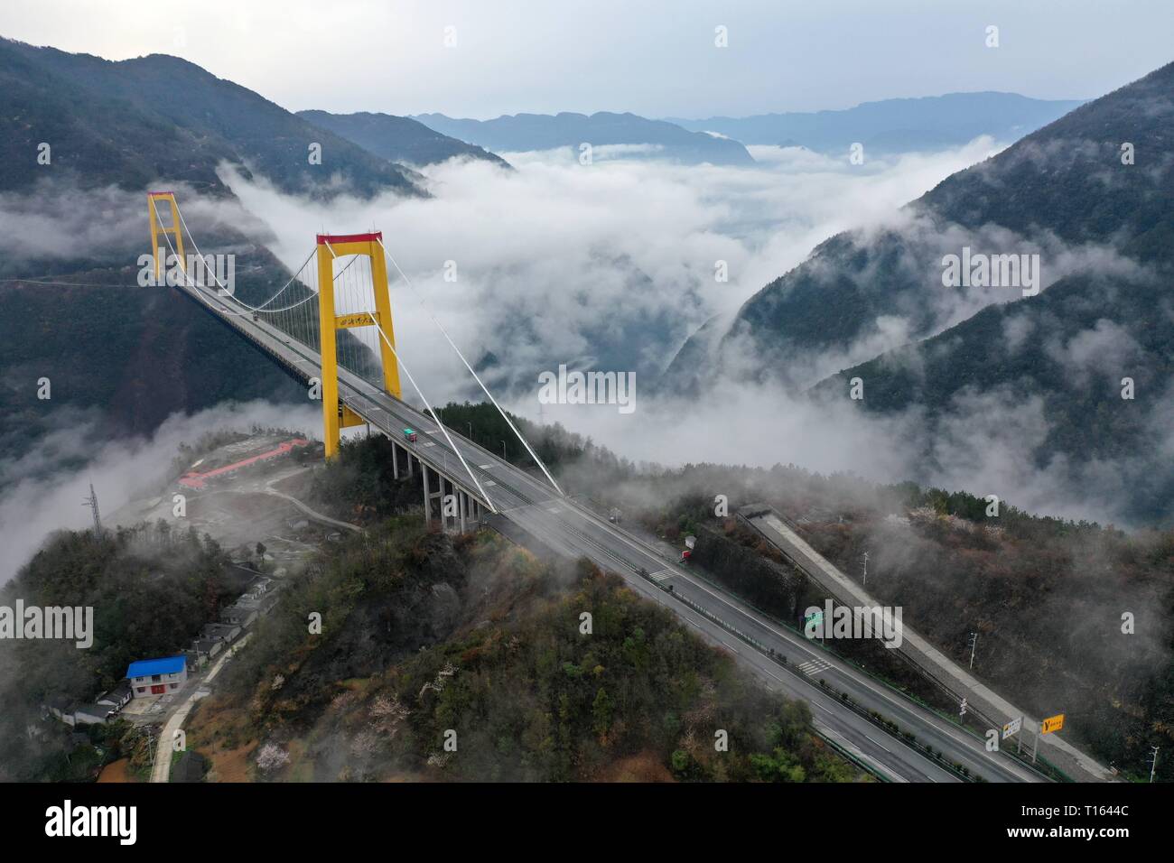 Enshi, China. 23rd Mar, 2019. This aerial photo taken on March 23, 2019 ...