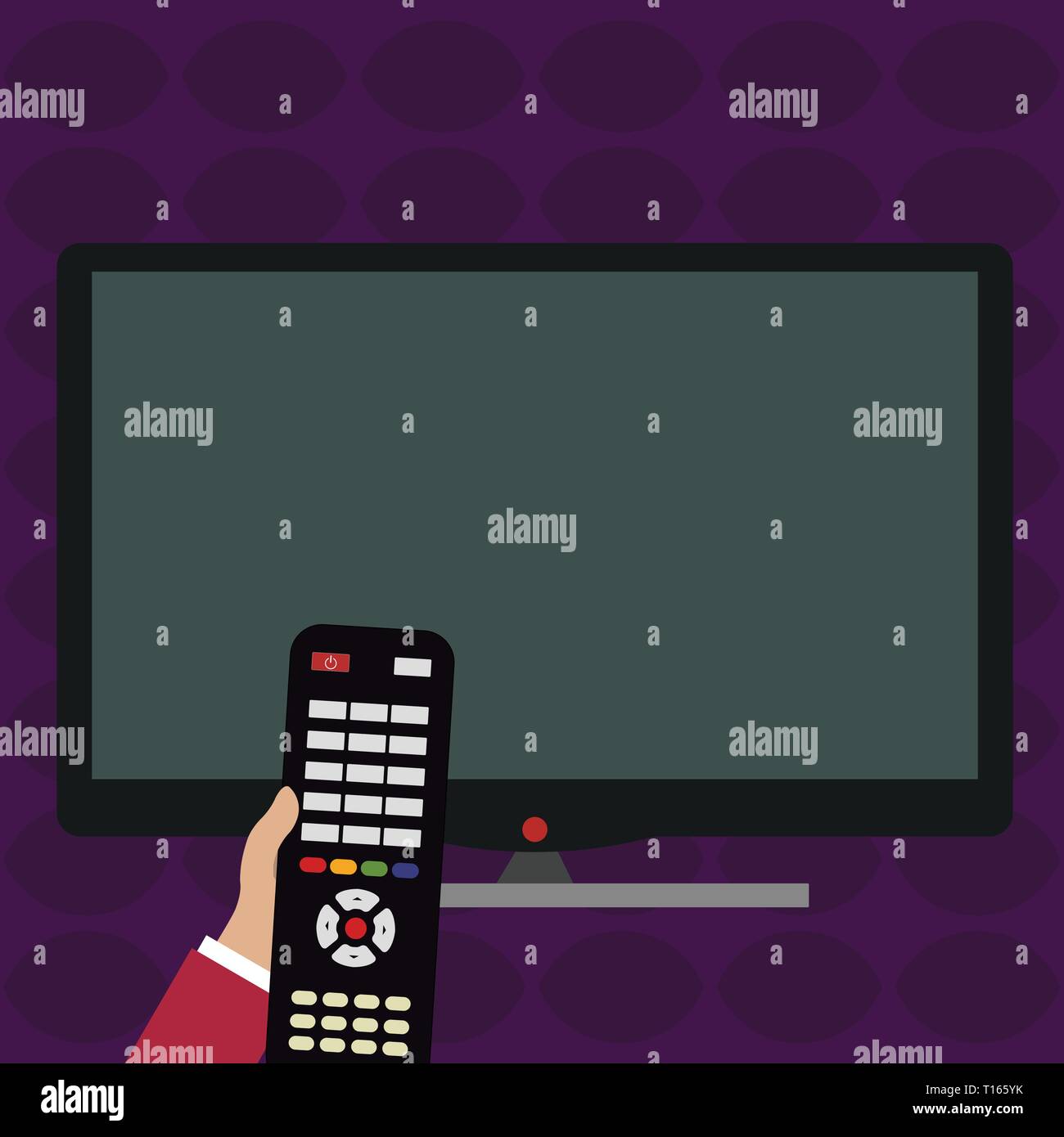 Hand Holding Computer Remote Control infront of Blank Wide Color PC ...