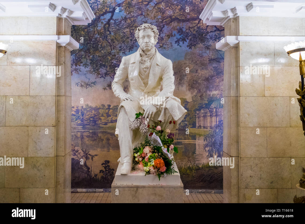 A lovely statue of Pushkin, famous Russian poet, in a St. Petersburg ...
