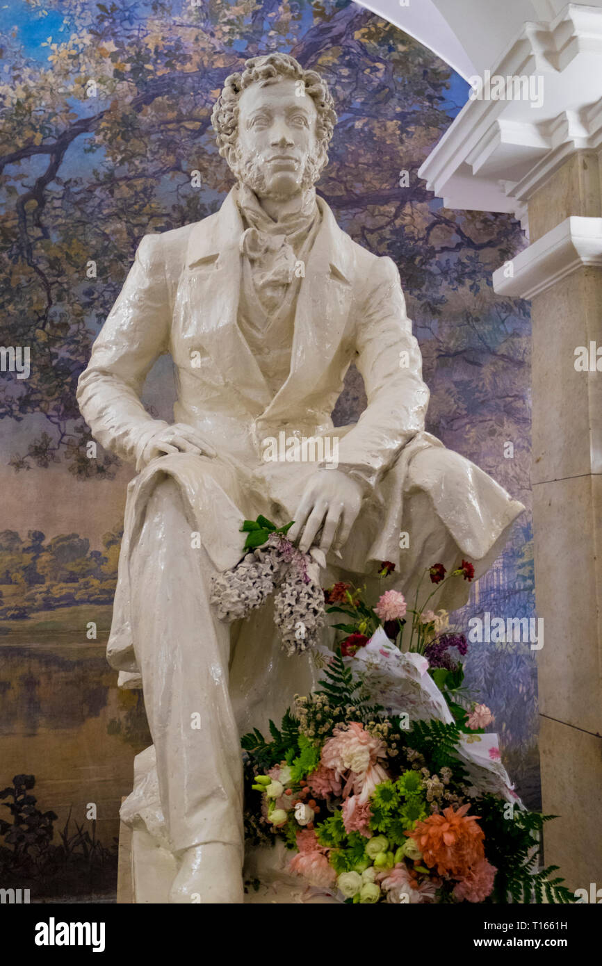 A lovely statue of Pushkin, famous Russian poet, in a St. Petersburg ...