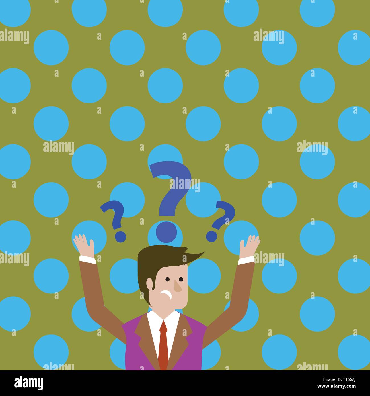 Confused Businessman Raising Both Arms with Question Marks Above his ...