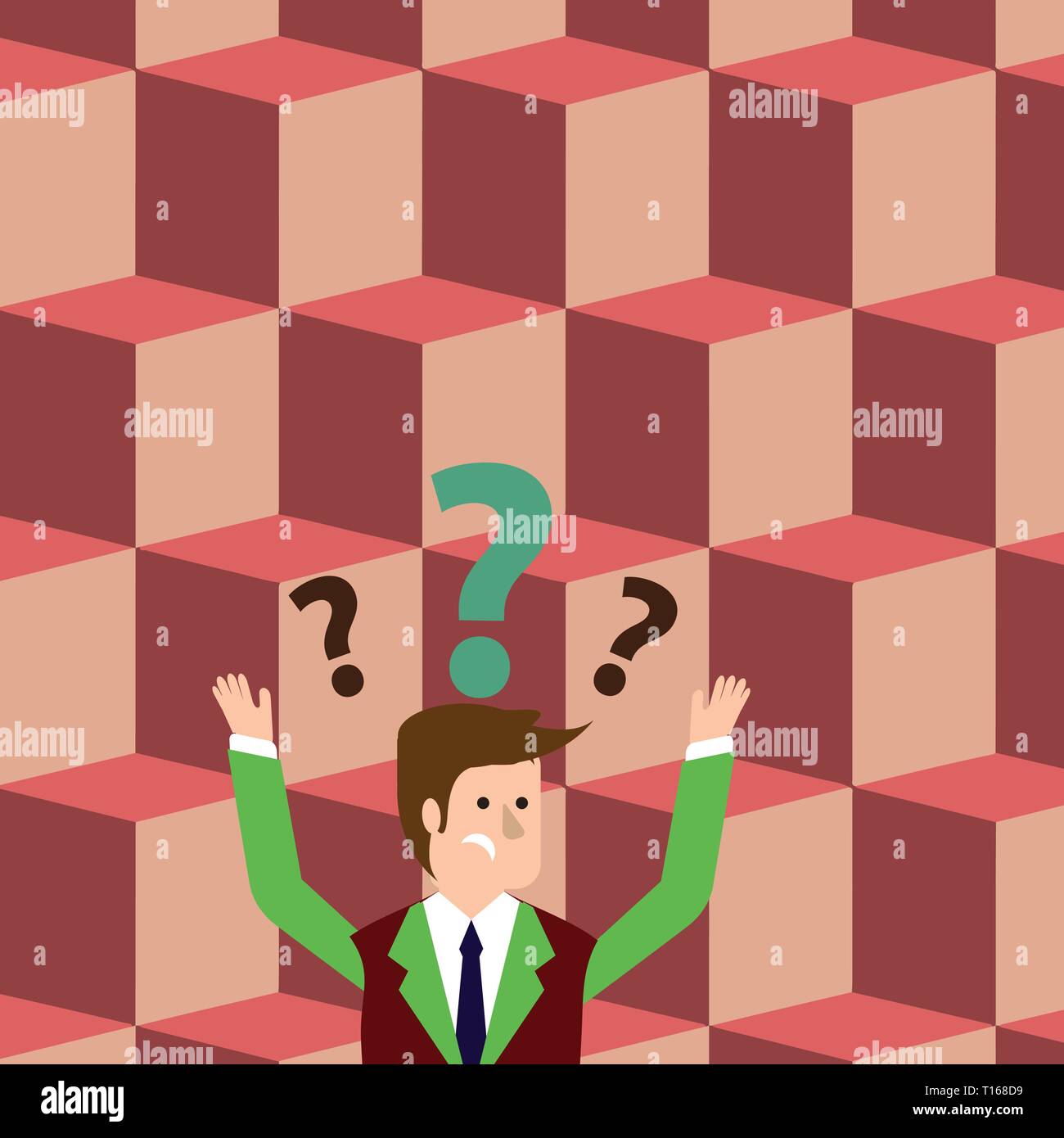 Confused Businessman Raising Both Arms with Question Marks Above his ...
