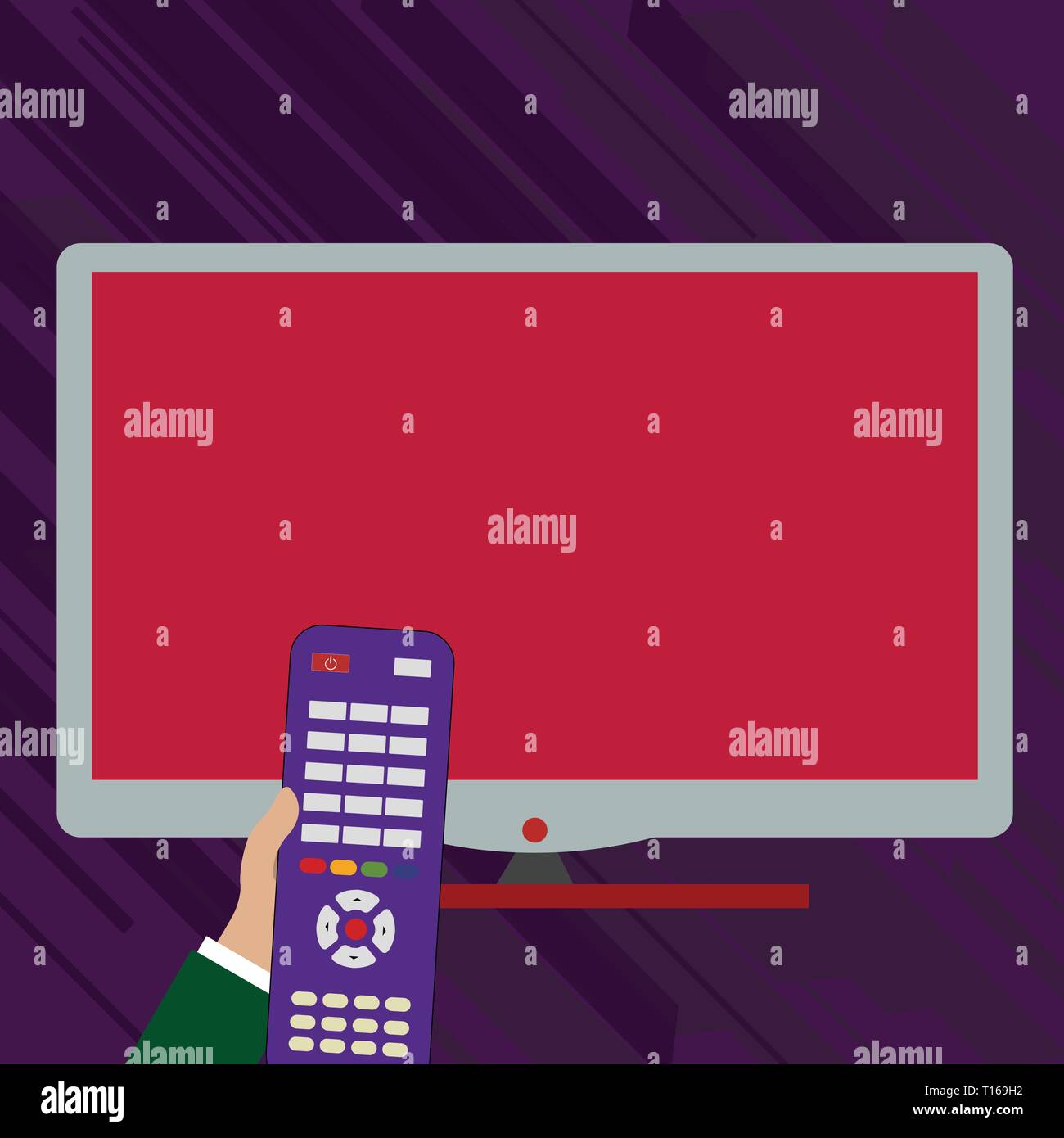 Hand Holding Computer Remote Control infront of Blank Wide Color PC ...