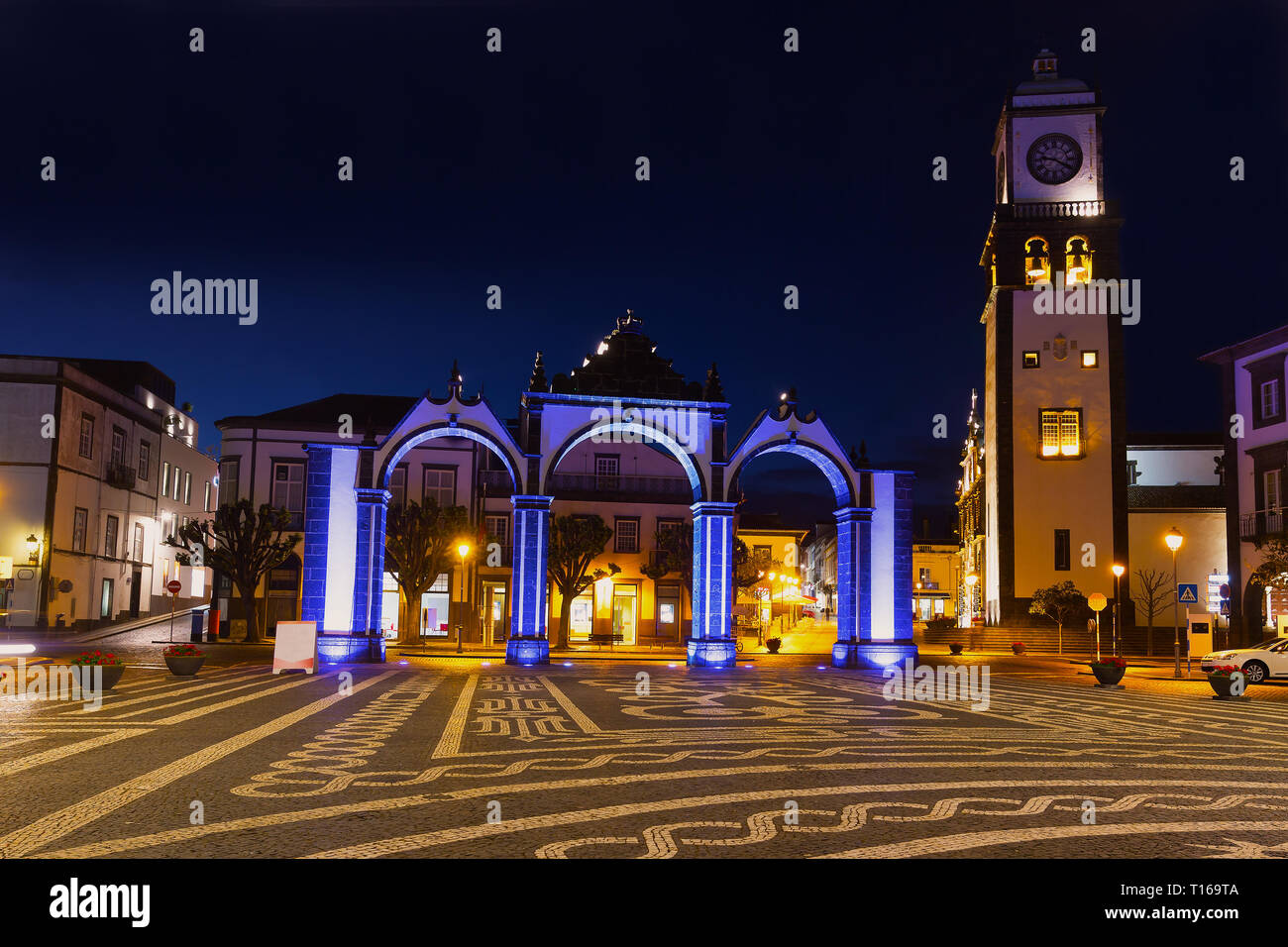 Night scene of Ponta Delgada main square with Portas da Cidade - City ...