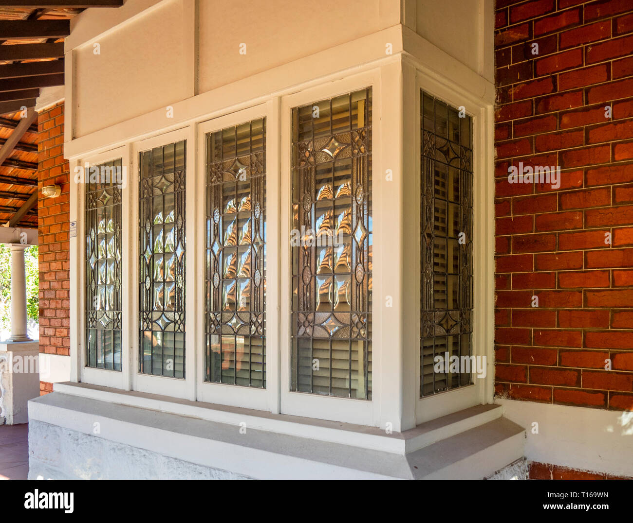 Bay window with leadlights on a verandah a feature of a residential ...