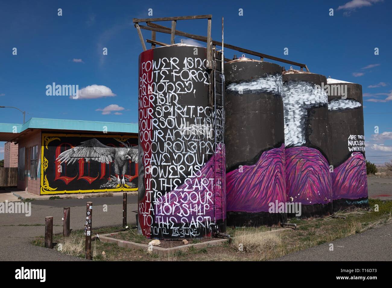 On the road north to Page, Arizona graffiti covers many of abandoned ...
