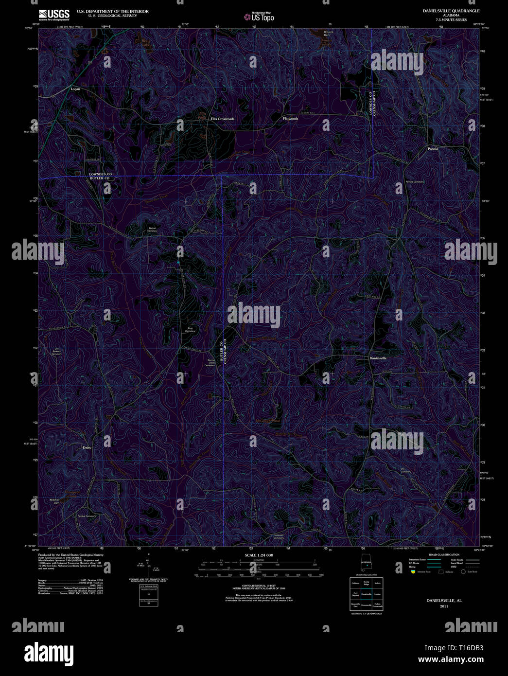 USGS TOPO Map Alabama AL Danielsville 20110915 TM Inverted Stock Photo ...