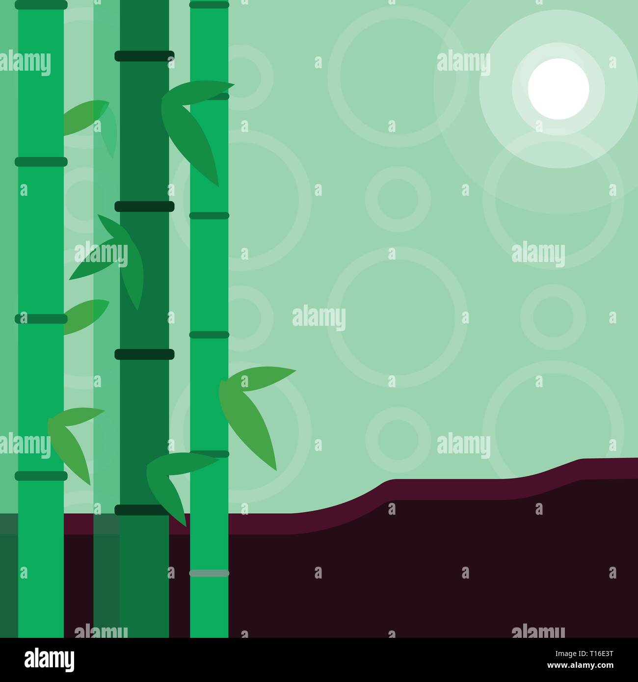 Colorful Sets of Leafy Bamboo on Left Side and Moon or Sun with Round ...