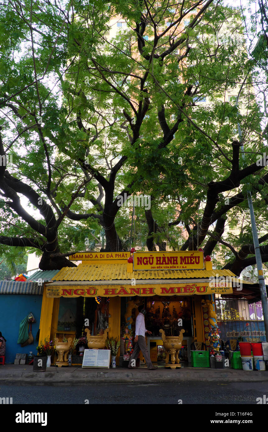 Small temple under canopy of old tree on street, green branch of tree ...