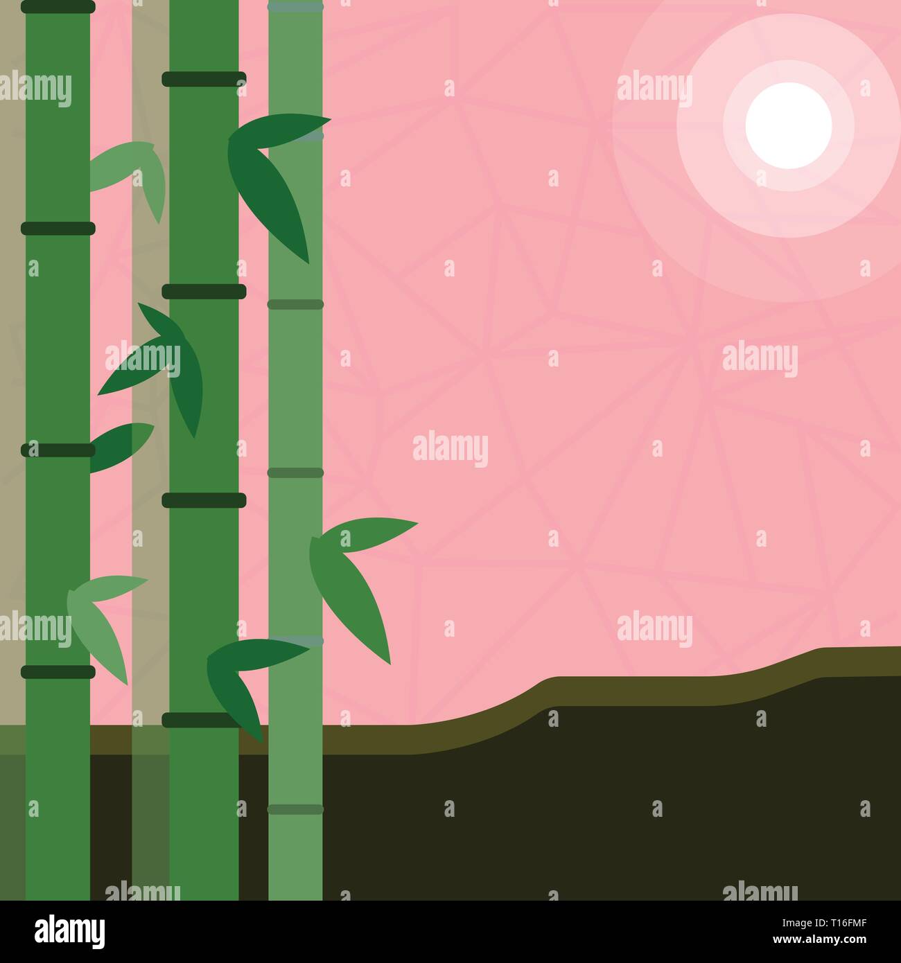 Colorful Sets of Leafy Bamboo on Left Side and Moon or Sun with Round ...