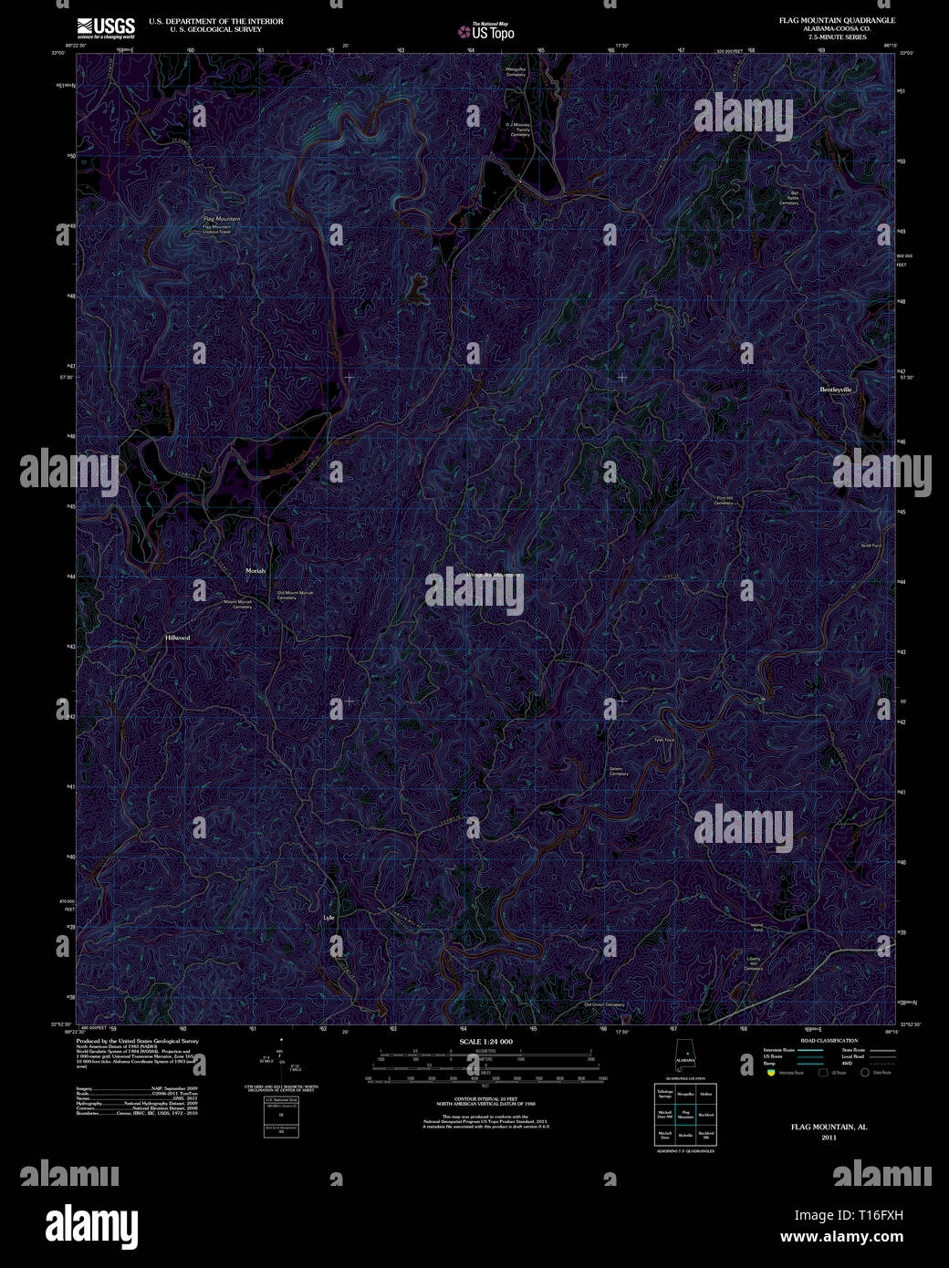 USGS TOPO Map Alabama AL Flag Mountain 20110927 TM Inverted Stock Photo ...