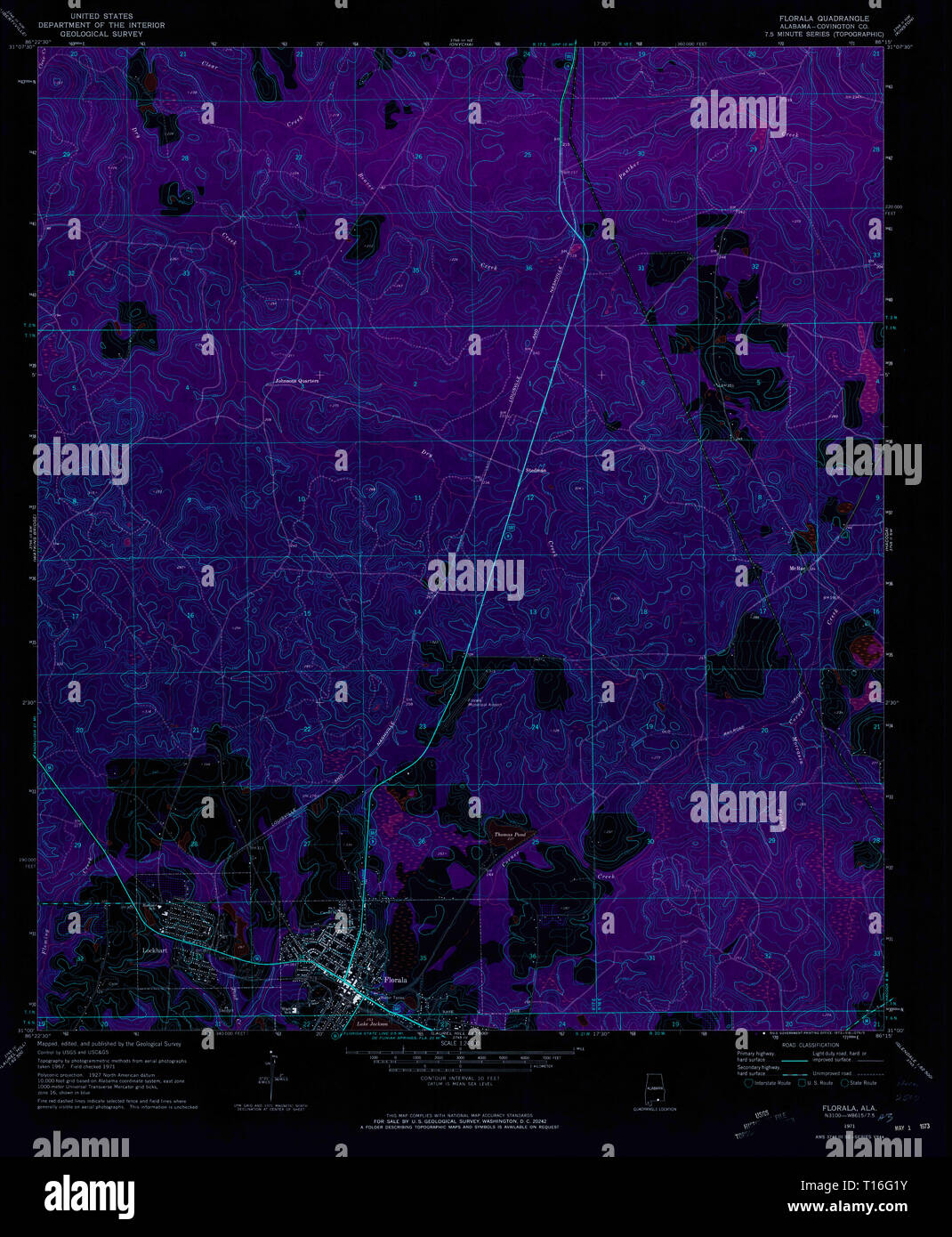 USGS TOPO Map Alabama AL Florala 303846 1971 24000 Inverted Stock Photo ...