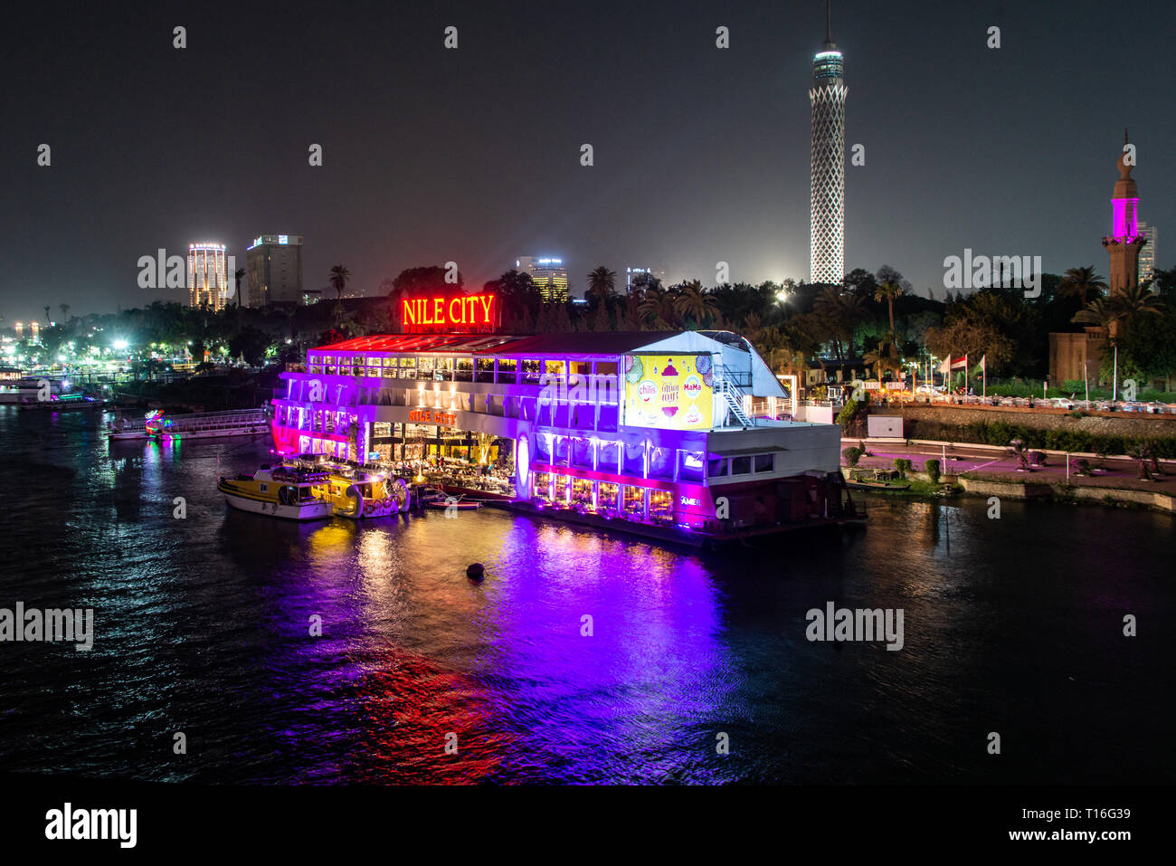 Cairo EGYPT 25.05.2018 - view on the Nile City river restaurant boat ...