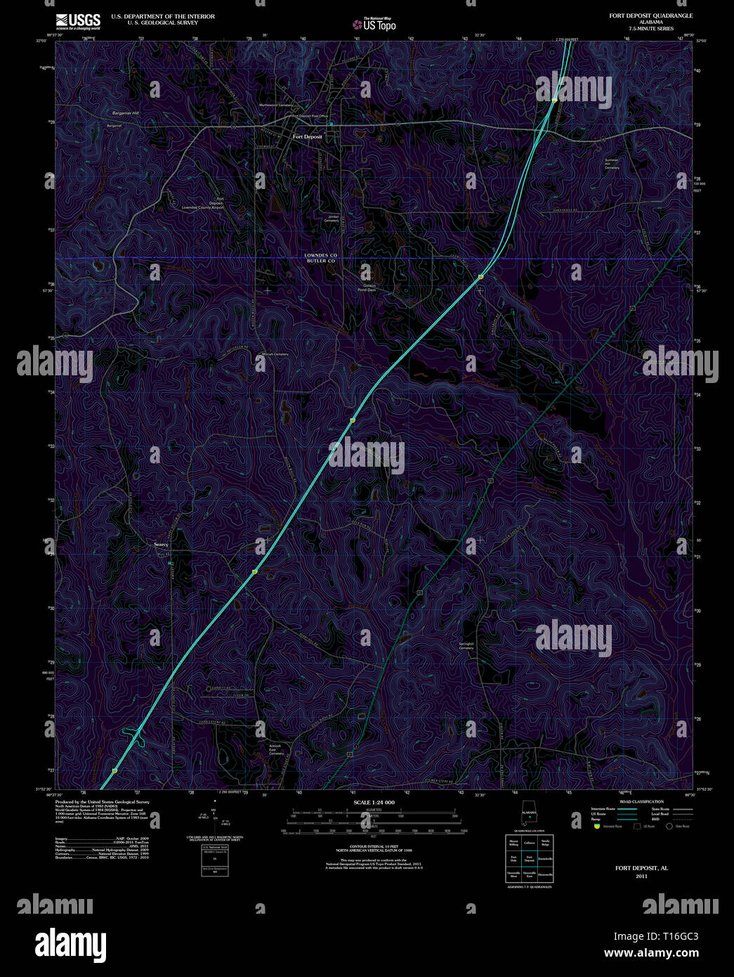 USGS TOPO Map Alabama AL Fort Deposit 20110915 TM Inverted Stock Photo ...