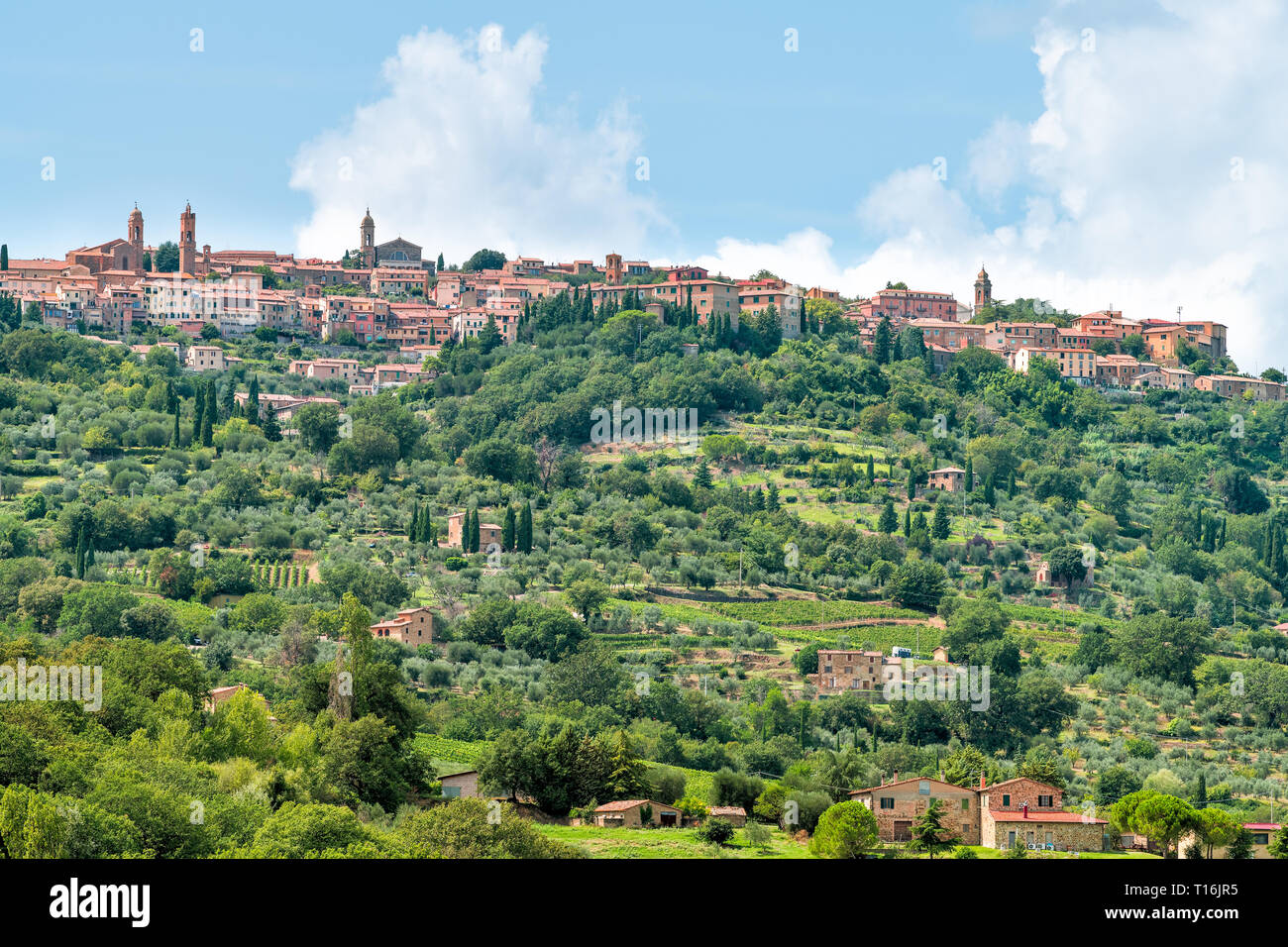 Montalcino skyline and Italy Val D'Orcia countryside in Tuscany hilltop ...