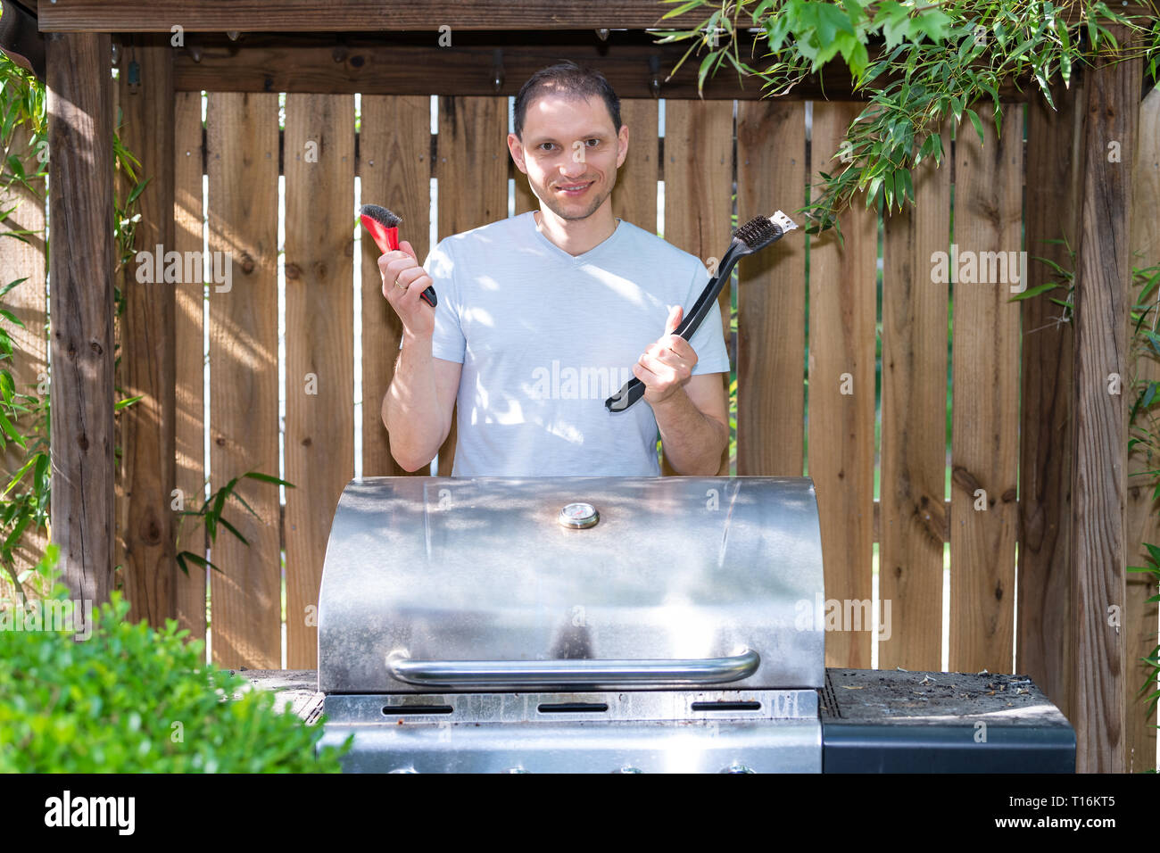 Barbeque bbq modern new grill in outdoor nature summer park or backyard ...