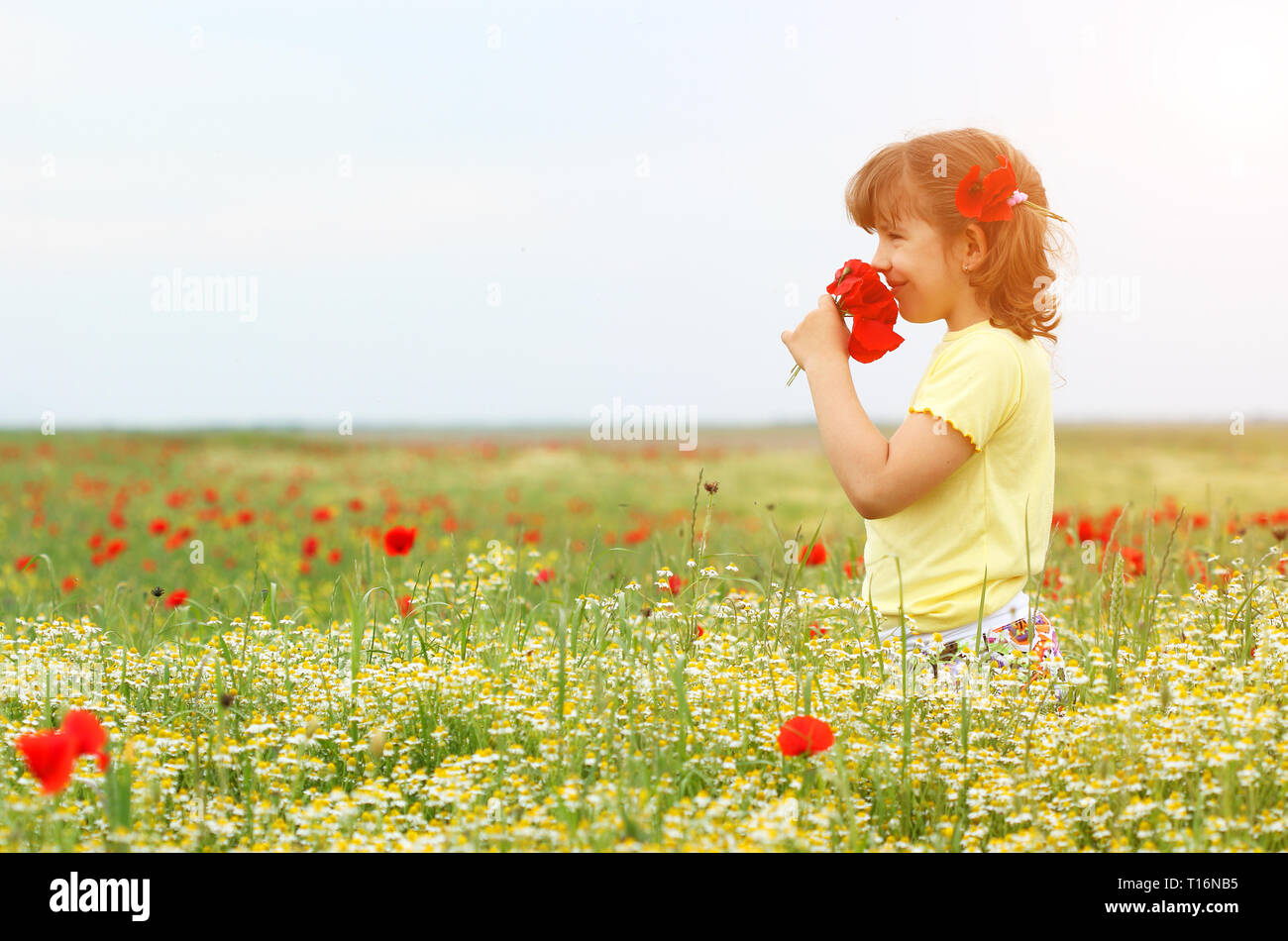 happy little girl in the meadow spring season Stock Photo - Alamy