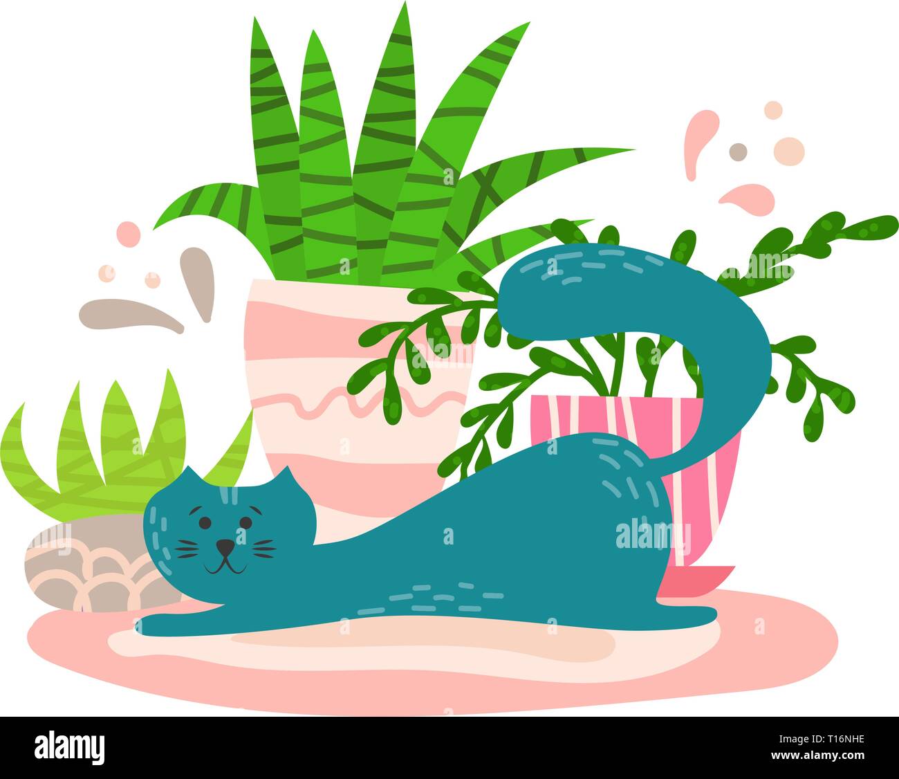 Cute playful cat with house plants in cartoon flat style. Hand drawn ...