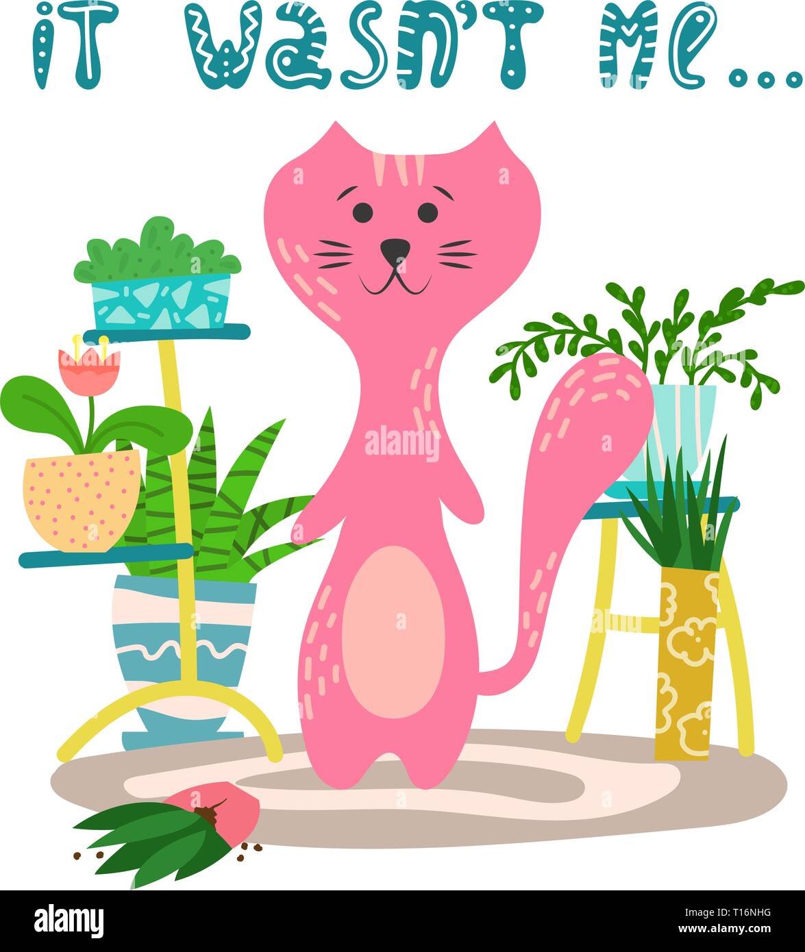 Cute playful cat with house plants in cartoon flat style. Hand drawn ...