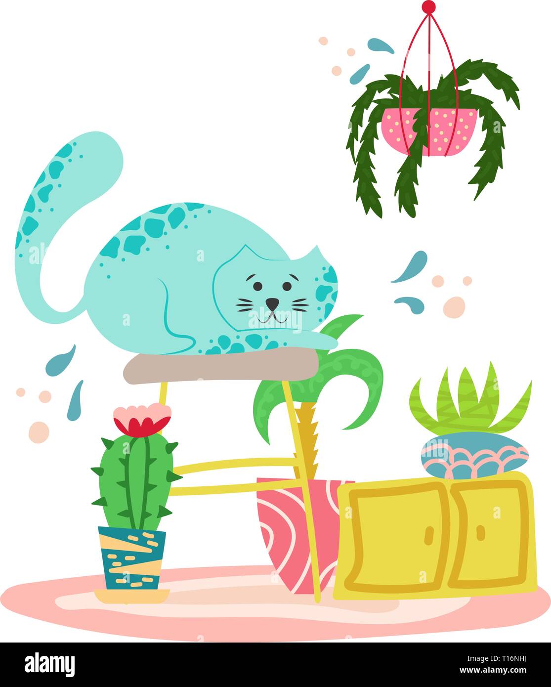 Cute playful cat with house plants in cartoon flat style. Hand drawn ...