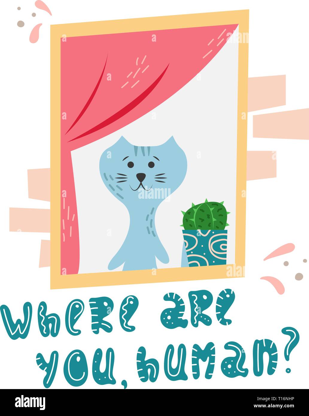 Cute cat waiting for his master in cartoon flat style. Hand drawn ...