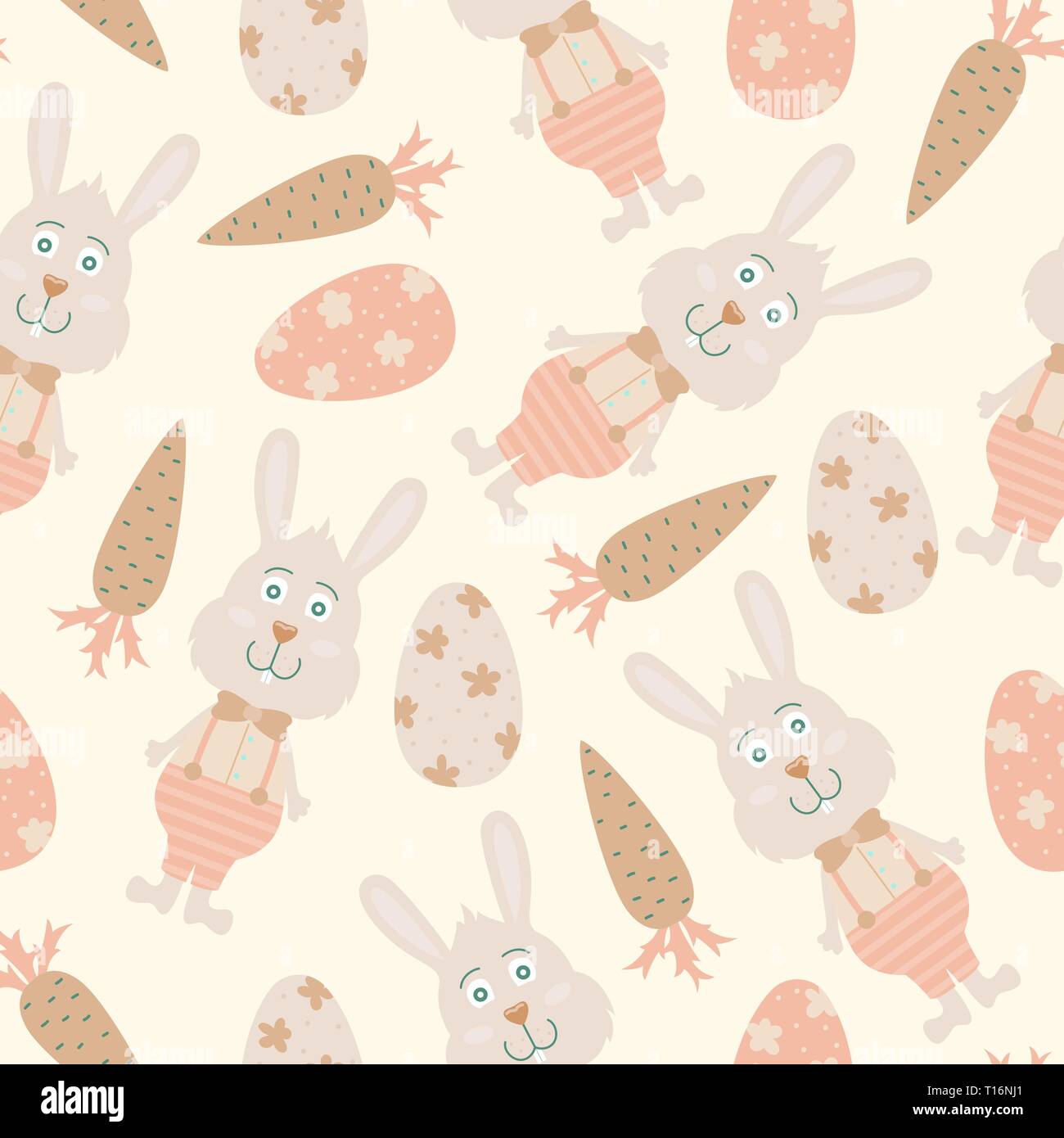 Cartoon vector seamless pattern with Easter eggs and bunnies. Bright ...