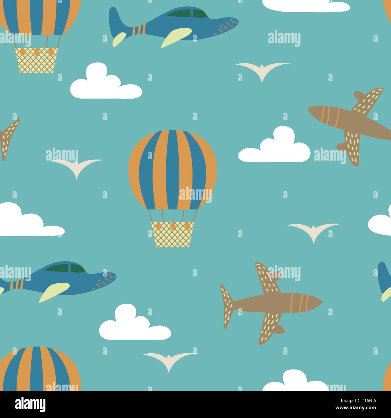 Cartoon vector seamless pattern with planes and air balloon. Bright ...