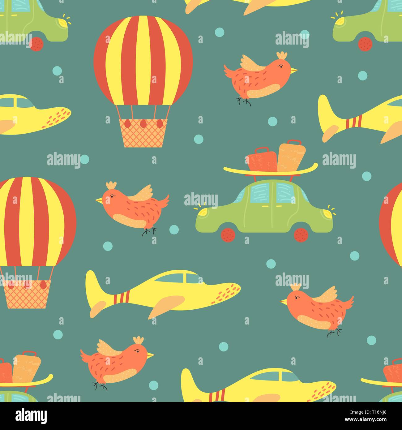 Cartoon vector seamless pattern with planes and air balloon. Bright ...