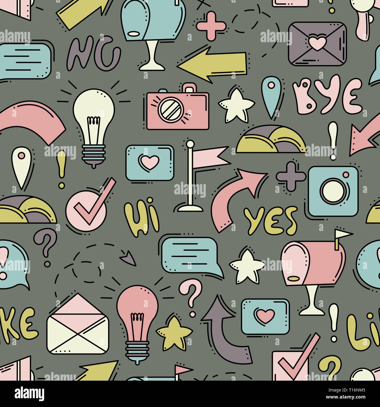 Vector seamless pattern with line icons. Social networks, internet ...
