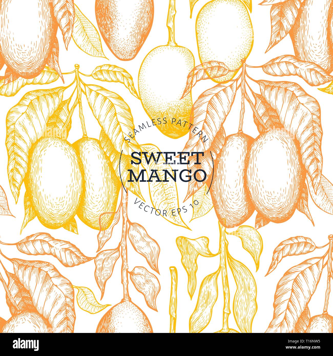 Mango branches seamless pattern. Hand drawn vector tropic fruit ...