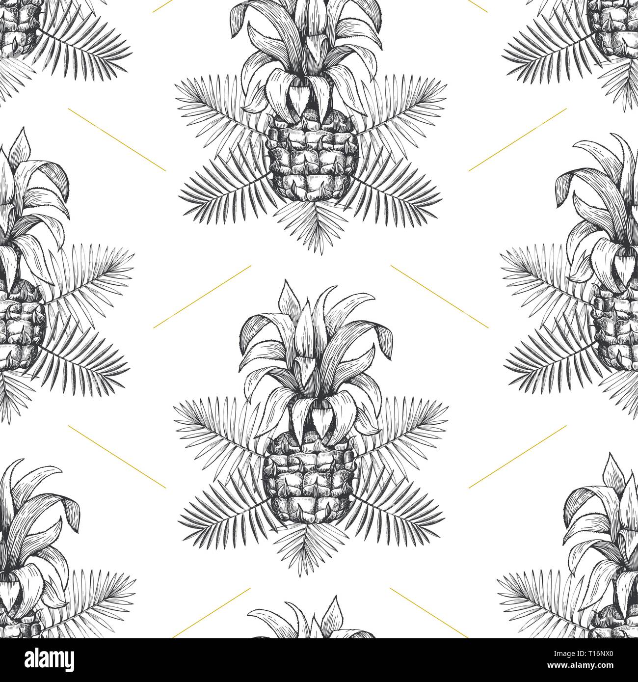 Pineapple seamless pattern. Hand drawn vector tropical fruit illustration. Engraved style ananas ...
