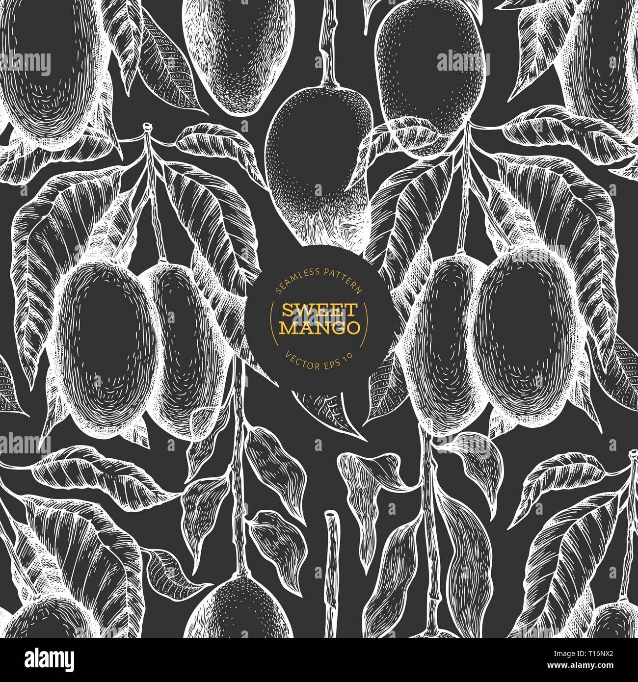 Mango branches seamless pattern. Hand drawn vector tropic fruit ...