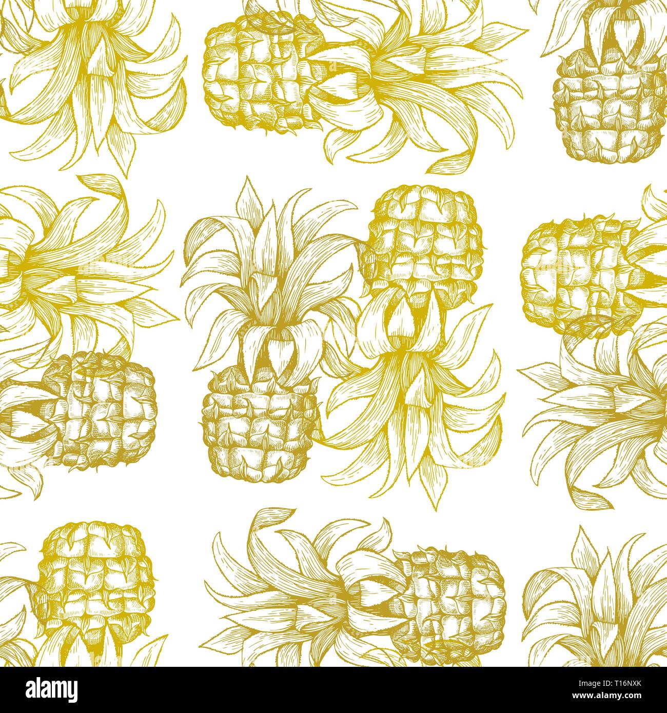 Pineapple seamless pattern. Hand drawn vector tropical fruit ...