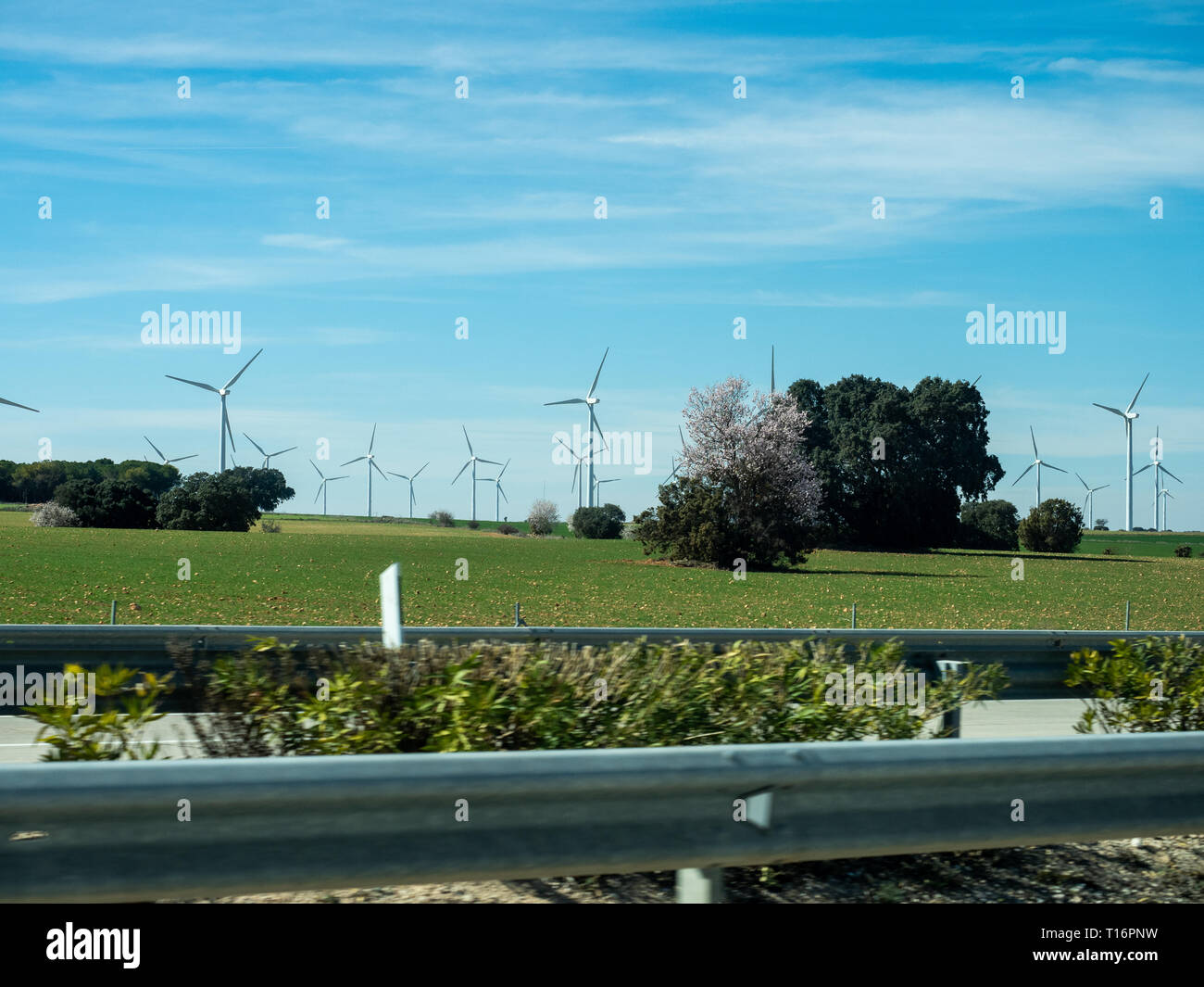 Pictures of wind energy mills from a car on the motorway Stock Photo ...