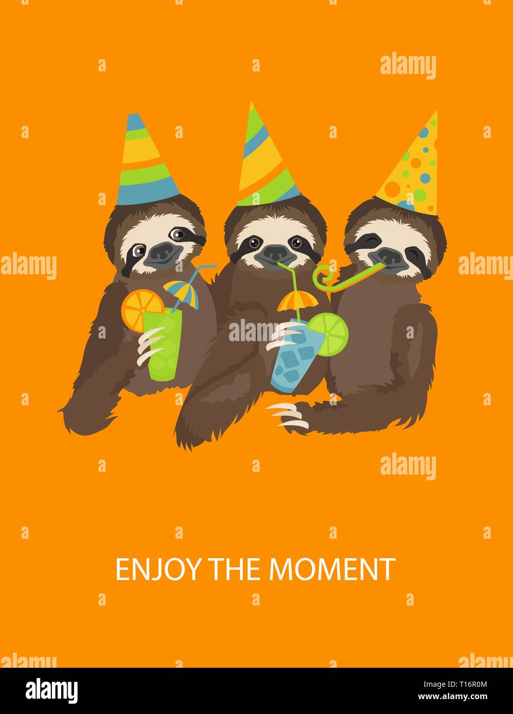 The story of one sloth. At the party with friends. Funny cartoon sloths ...