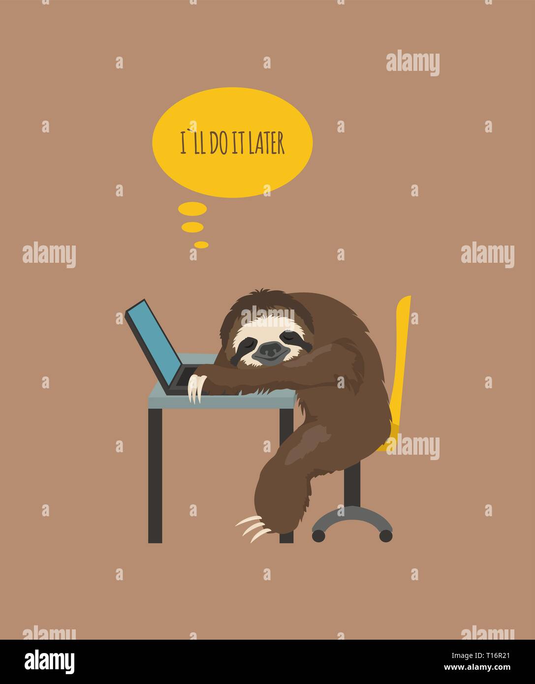 The story of one sloth. At work, study. Funny cartoon sloths in different postures set. Vector ...