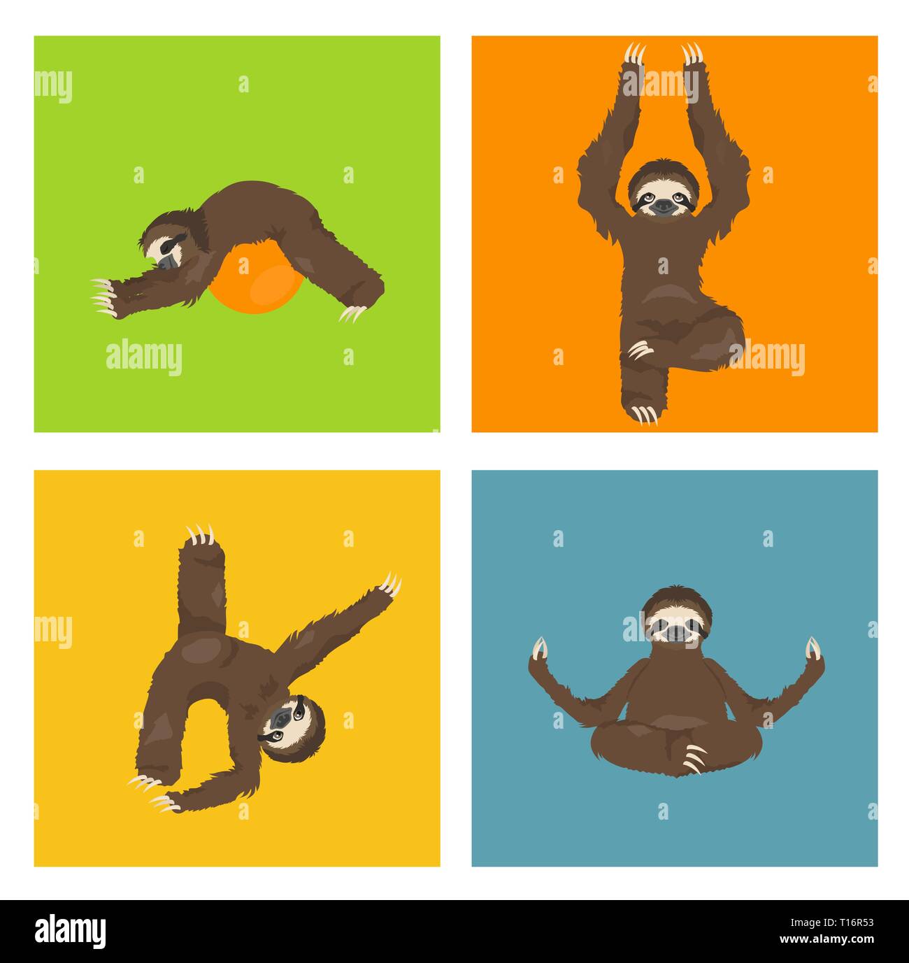 Sloth yoga collection. Funny cartoon animals in different postures set ...