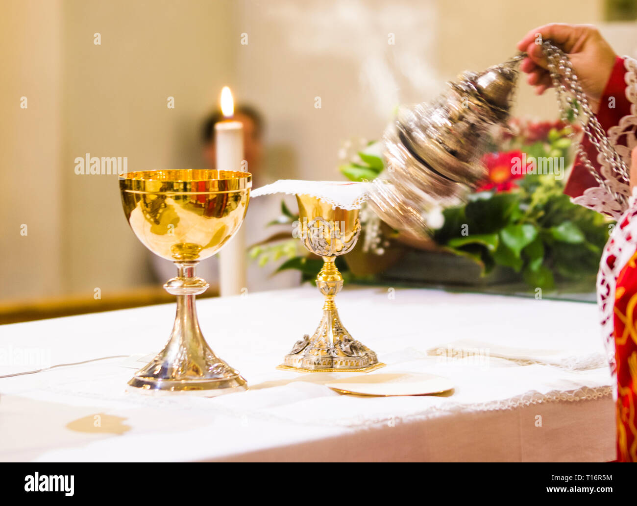 goblet with wine, blood of christ, and pyx with host, body of christ ...
