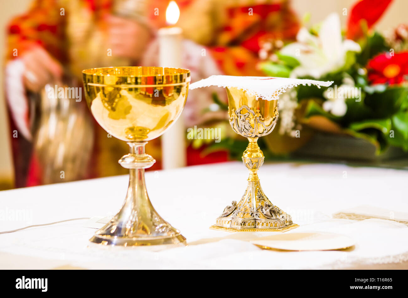 goblet with wine, blood of christ, and pyx with host, body of christ ...
