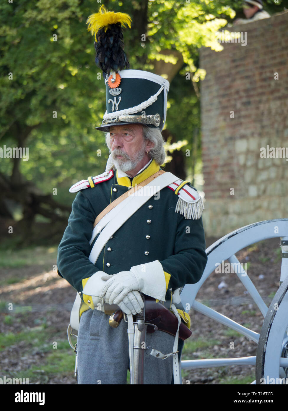 Waterloo, Belgium - June 18 2017: A soldier stands guard at the farm of ...