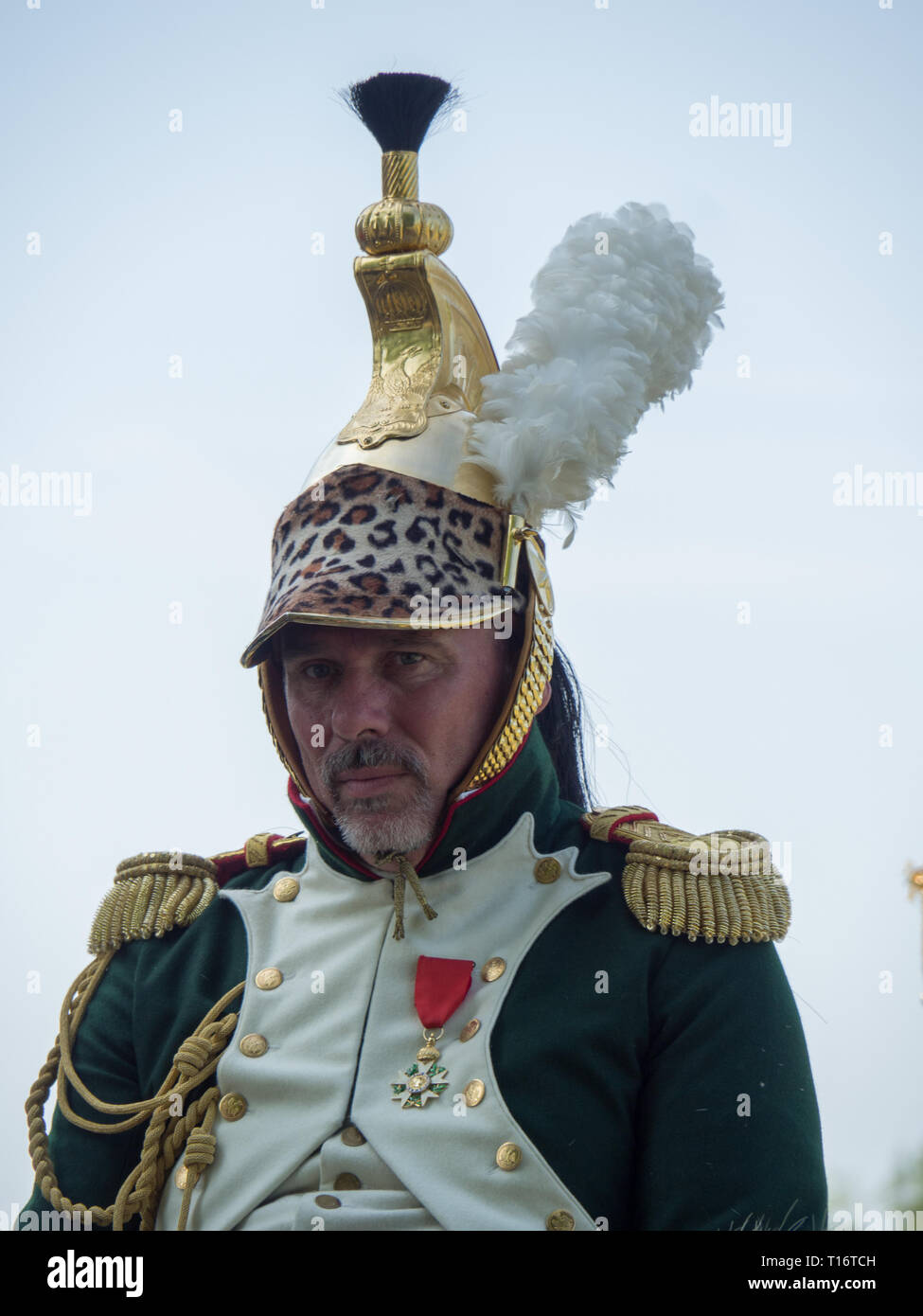 Waterloo, Belgium - June 18 2017: A rider dressed in a historic uniform ...