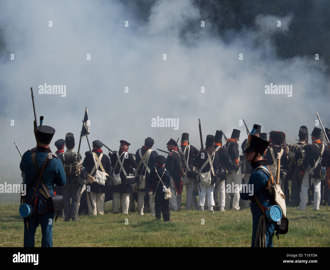 Waterloo, Belgium - June 18 2017: Allied forces fire their muskets ...