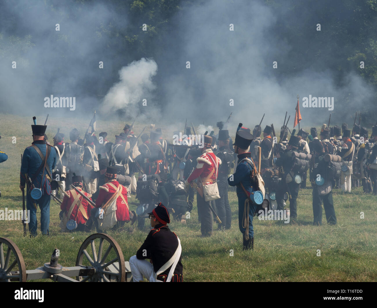 Waterloo, Belgium - June 18 2017: Soldiers of the allied forces fire ...