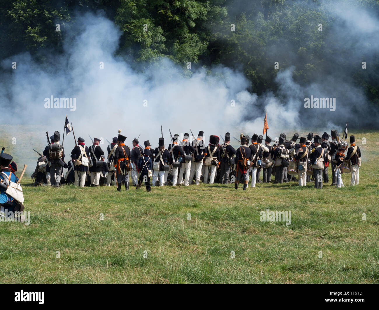 Waterloo, Belgium - June 18 2017: Allied forces fire their muskets ...