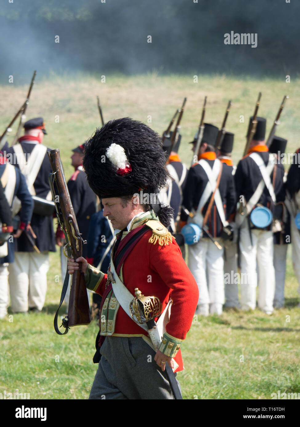Waterloo, Belgium - June 18 2017: A British soldier with a short musket ...