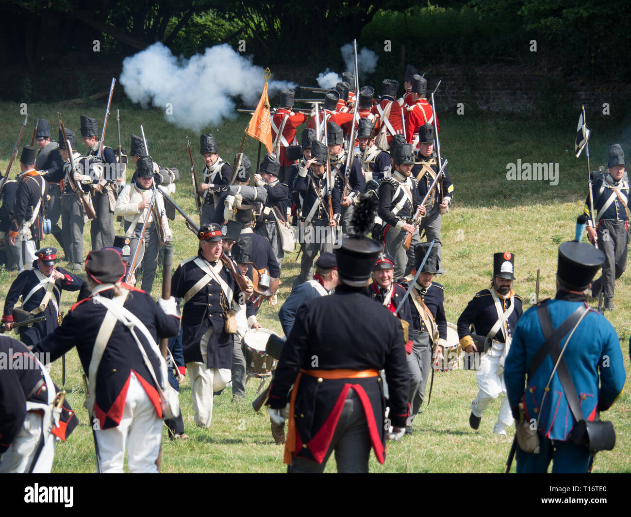 Waterloo, Belgium - June 18 2017: Allied forces fire their muskets ...