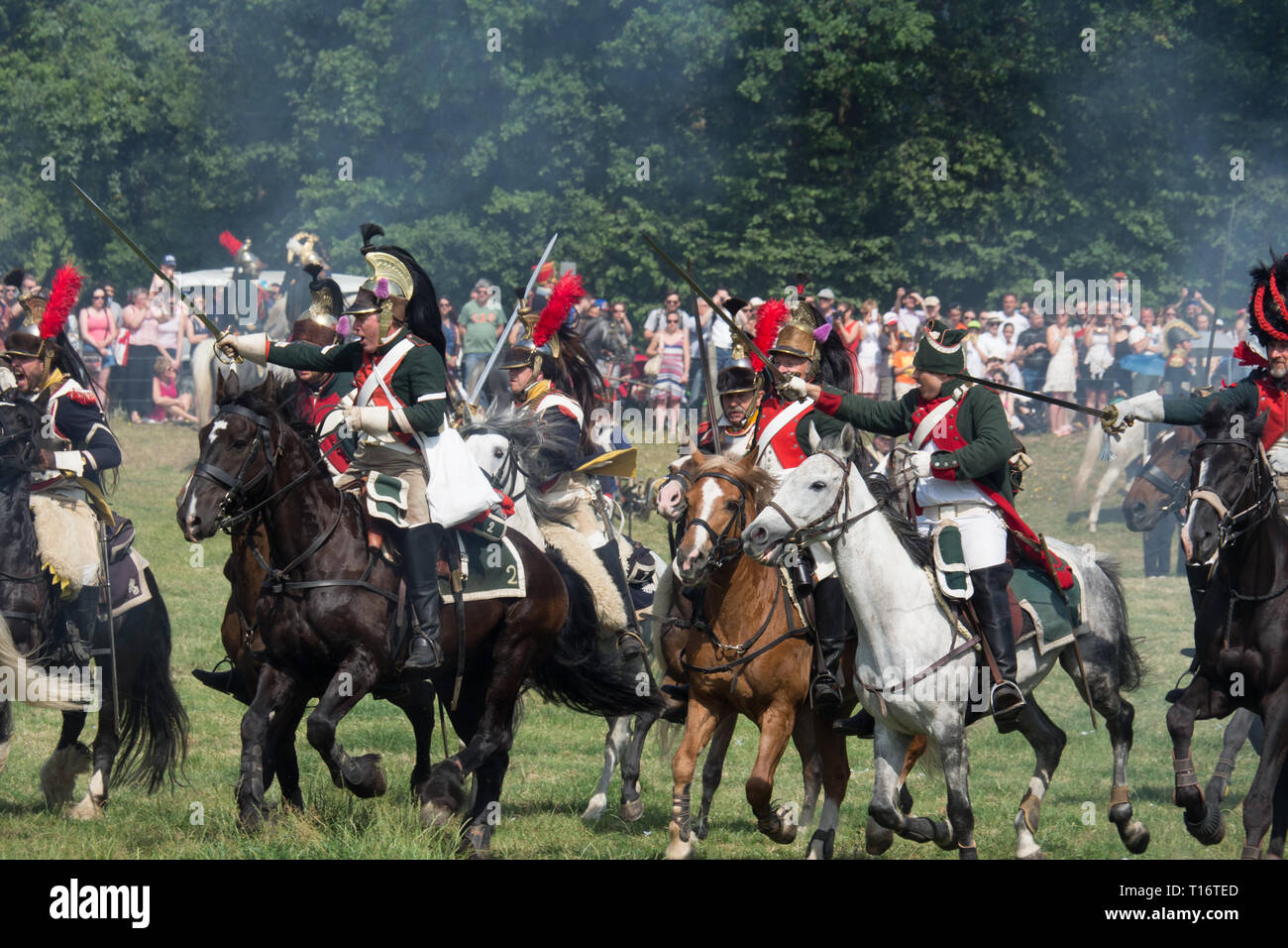 Waterloo, Belgium - June 18 2017: A cavalry charge during the re ...